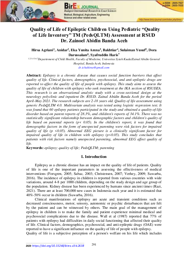 (PDF) Quality of Life of Epileptic Children Using Pediatric “Quality of ...