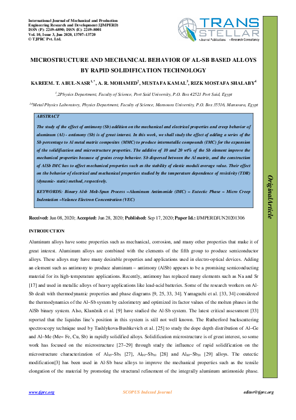 (PDF) MICROSTRUCTURE AND MECHANICAL BEHAVIOR OF AL-SB BASED ALLOYS BY RAPID SOLIDIFICATION ...