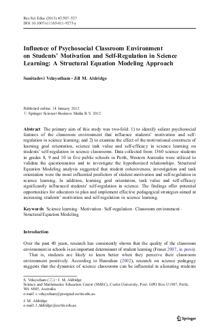 (PDF) Influence of Psychosocial Classroom Environment on Students ...