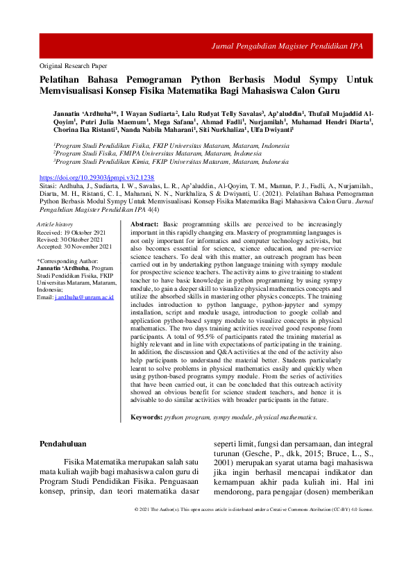 (PDF) Pelatihan Bahasa Pemograman Python Berbasis Modul Sympy Untuk Memvisualisasi Konsep Fisika ...