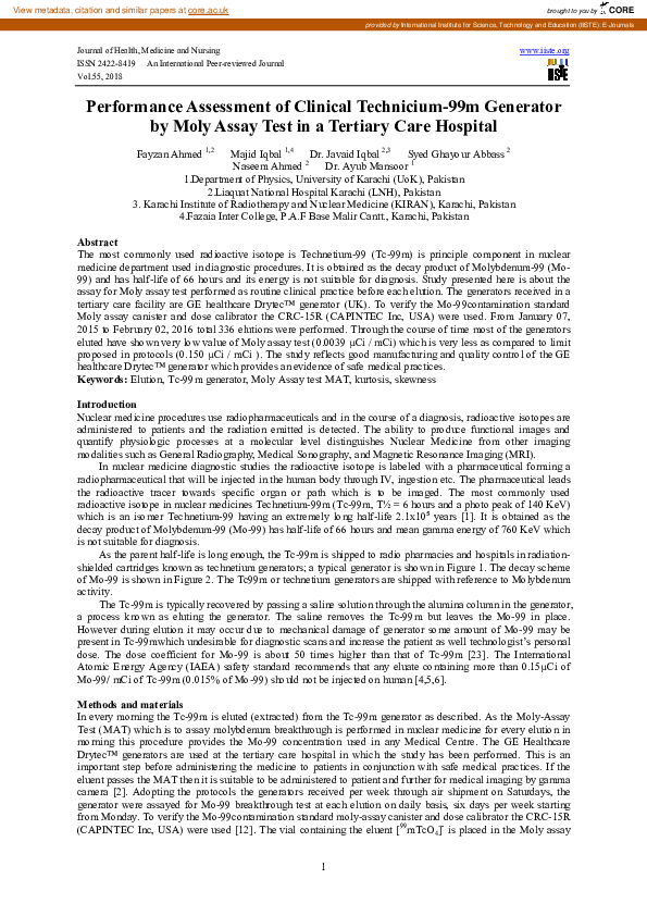 (PDF) Performance Assessment of Clinical Technicium-99m Generator by ...