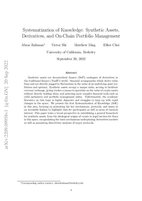 (PDF) Systematization of Knowledge: Synthetic Assets, Derivatives, and ...