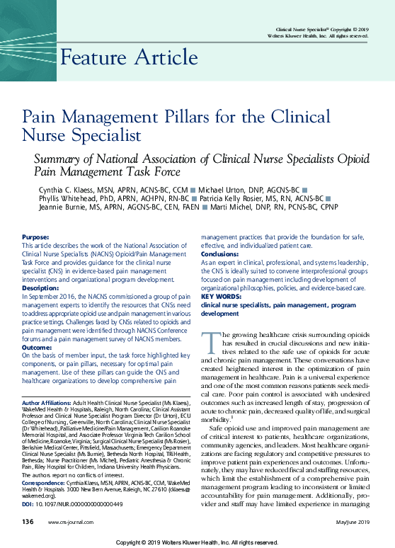 (PDF) Pain Management Pillars for the Clinical Nurse Specialist
