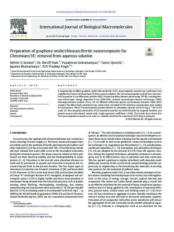 (PDF) Graphene Oxide/Chitosan/Ferrite for Chromium(VI) Removal