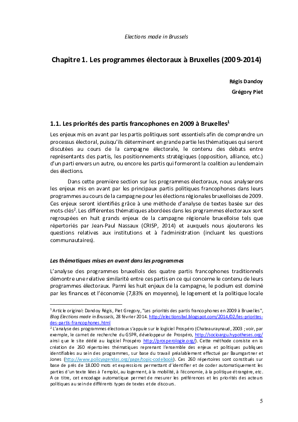 (PDF) Chapitre 1. Les programmes électoraux à Bruxelles (2009-2014)