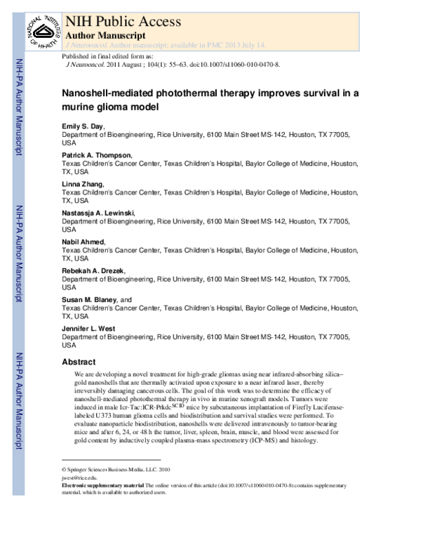 (PDF) Nanoshell-mediated photothermal therapy improves survival in a ...