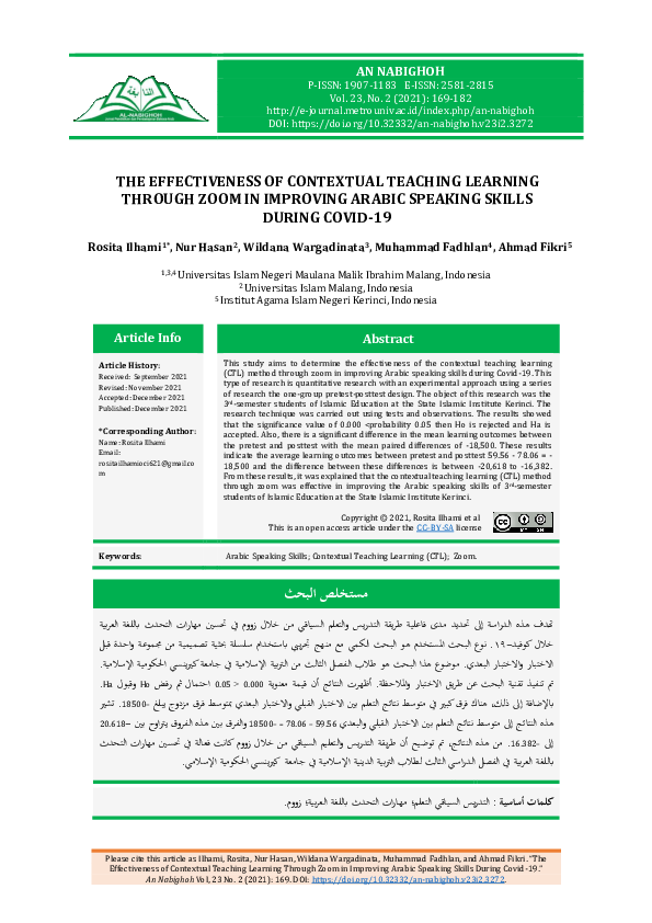 (PDF) The Effectiveness of Contextual Teaching Learning Through Zoom in Improving Arabic ...