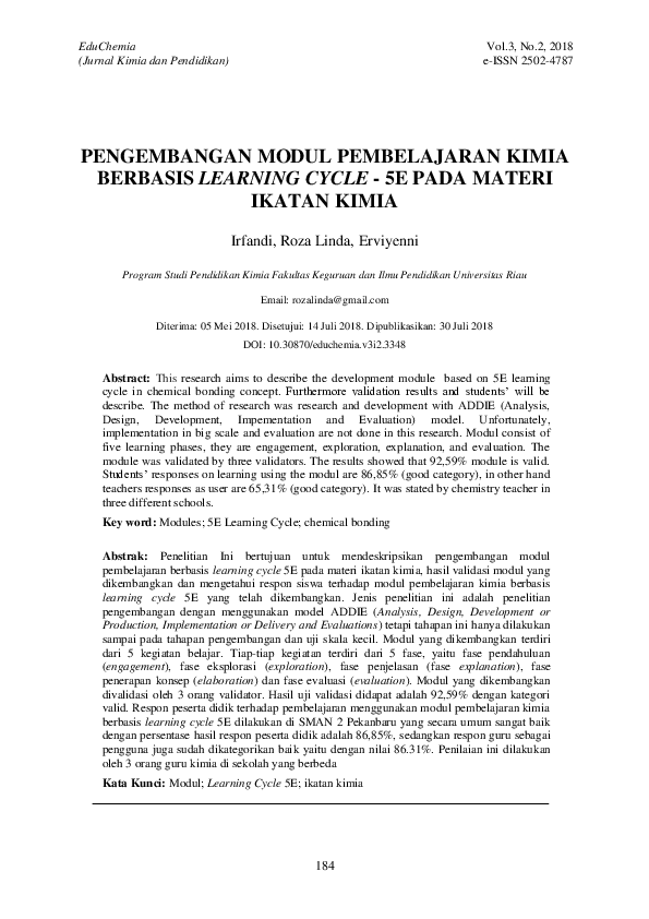 (PDF) Pengembangan Modul Pembelajaran Kimia Berbasis Learning Cycle – 5E pada Materi Ikatan Kimia