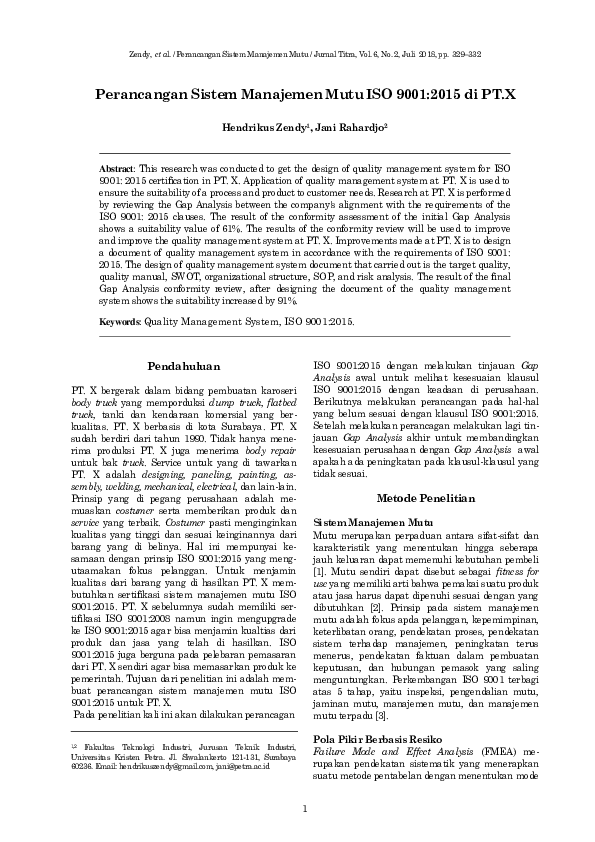 (PDF) Perancangan Sistem Manajemen Mutu ISO 9001:2015 di PT.X