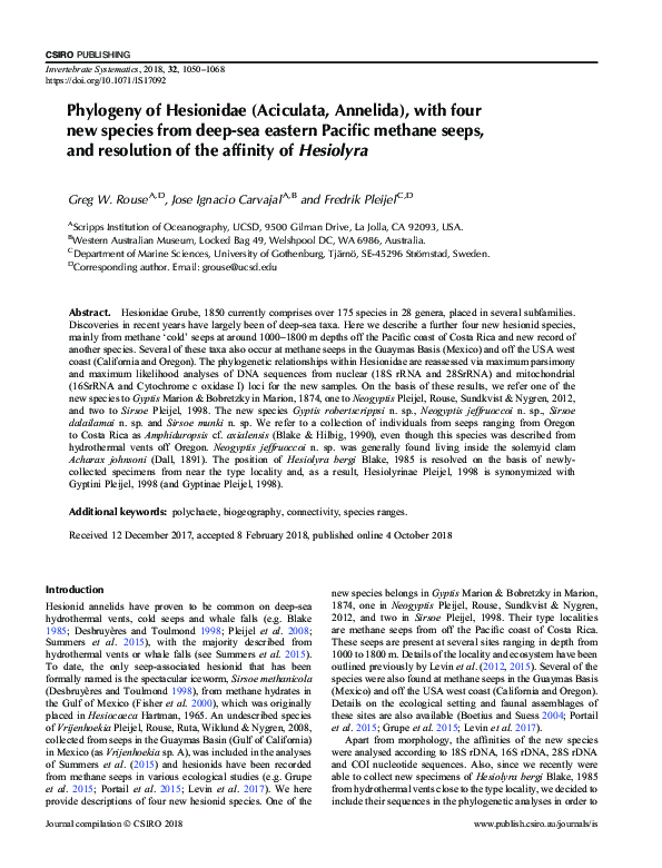 (PDF) Phylogeny of Hesionidae (Aciculata, Annelida), with four new ...