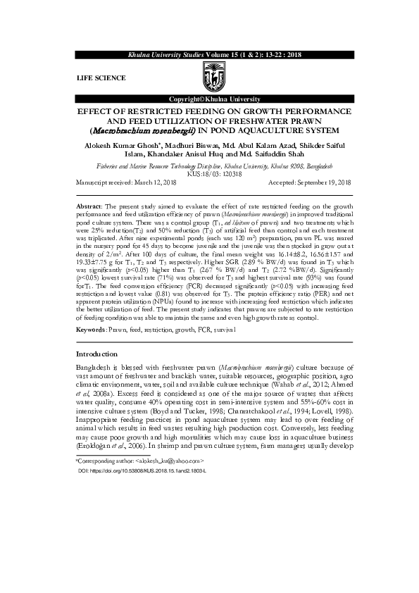 (PDF) EFFECT OF RESTRICTED FEEDING ON GROWTH PERFORMANCE AND FEED UTILIZATION OF FRESHWATER ...