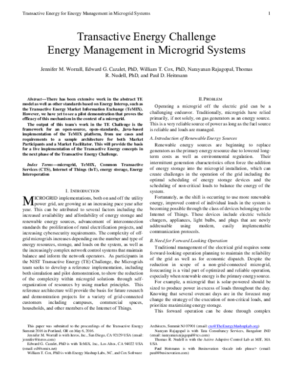 (PDF) Transactive Energy Challenge Energy Management in Microgrid Systems