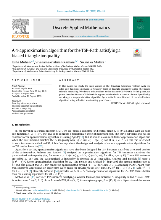 Pdf A 4 Approximation Algorithm For The Tsp Path Satisfying A Biased Triangle Inequality 