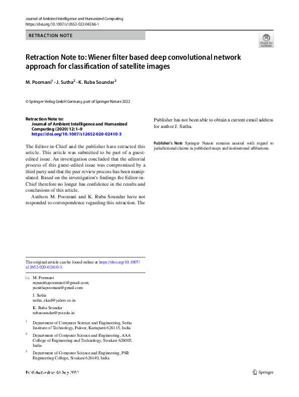 Pdf Retraction Note To Wiener Filter Based Deep Convolutional Network Approach For
