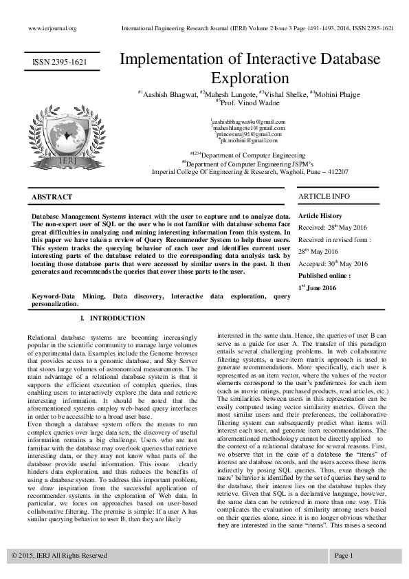 (PDF) Implementation of Interactive Database Exploration