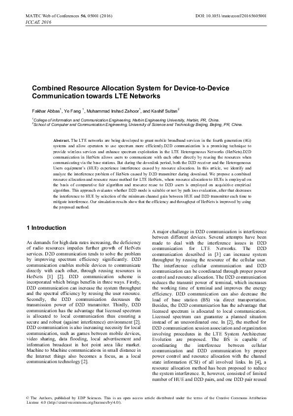 (PDF) Combined Resource Allocation System for Device-to-Device Communication towards LTE Networks