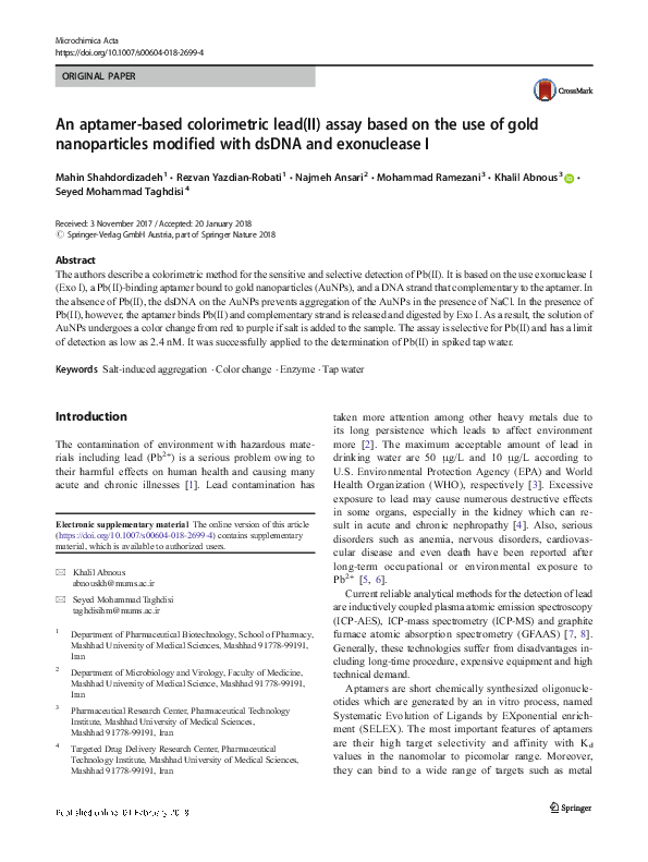 Pdf An Aptamer Based Colorimetric Lead Ii Assay Based On The Use Of Gold Nanoparticles