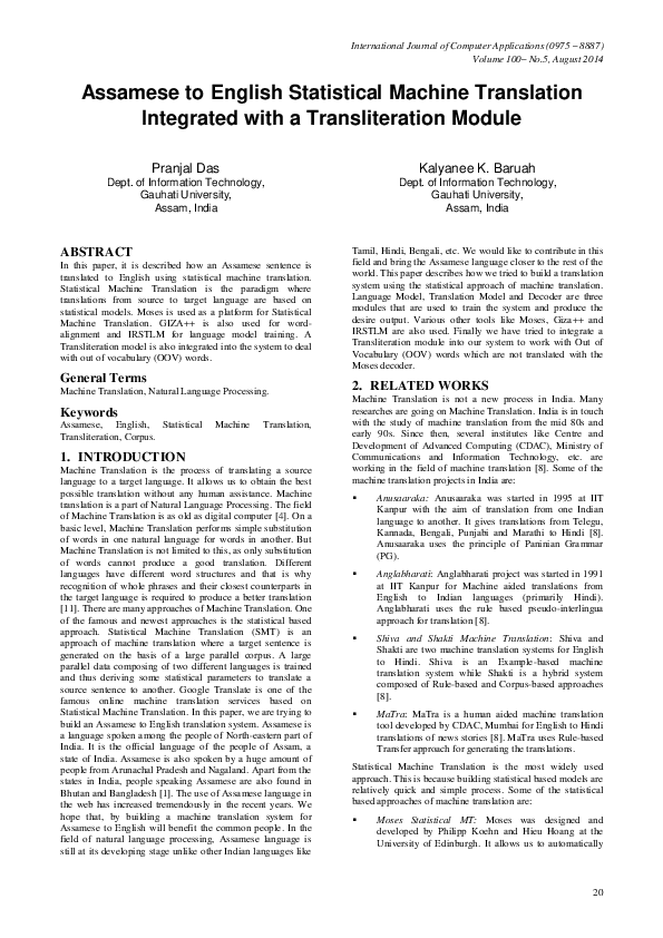 (PDF) Assamese to English Statistical Machine Translation Integrated with a Transliteration Module