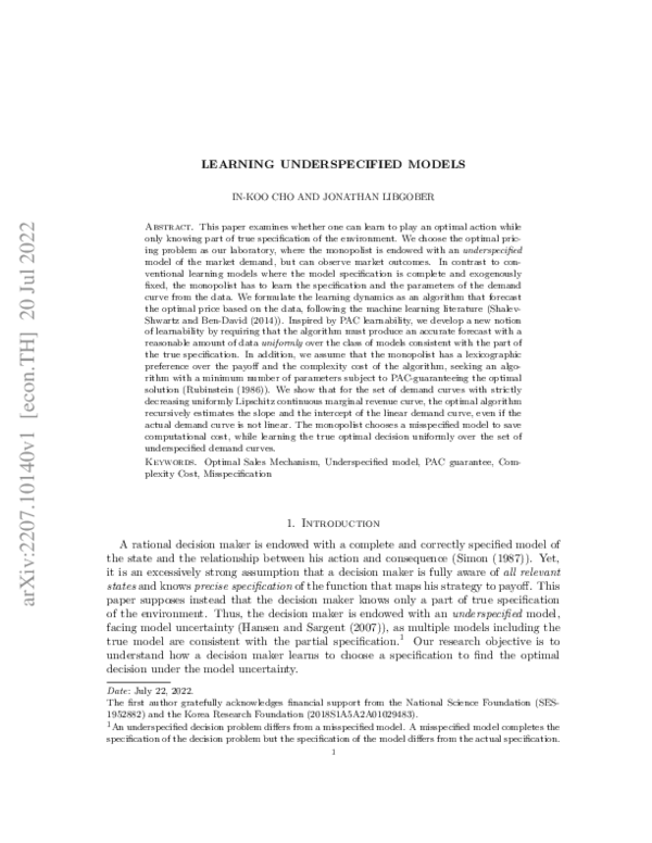 (PDF) Learning Underspecified Models