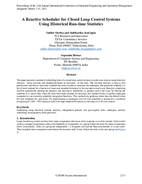 (PDF) A Reactive Scheduler for Closed Loop Control Systems Using Historical Run-time Statistics