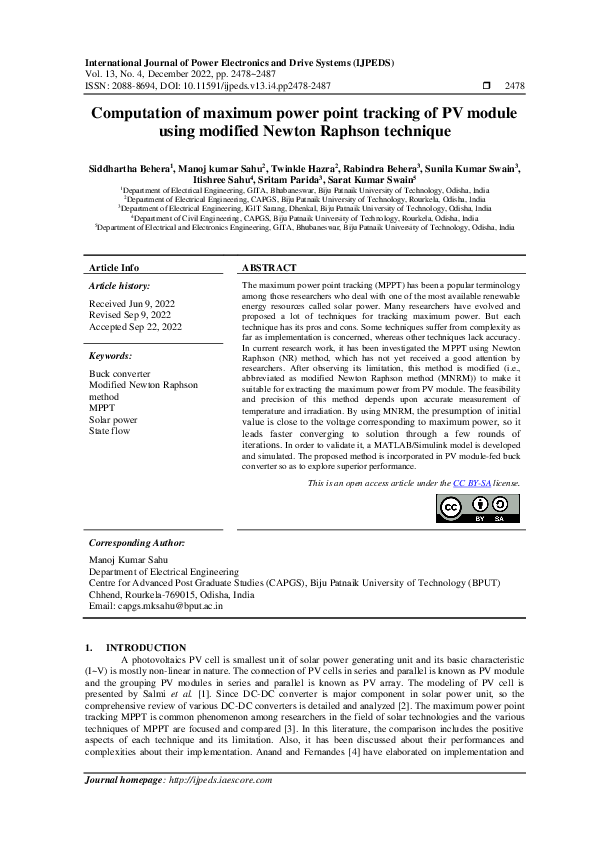 Pdf Computation Of Maximum Power Point Tracking Of Pv Module Using Modified Newton Raphson