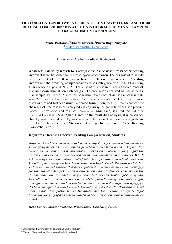 (PDF) The Correlation between students' reading interest and Their reading comprehension at the ...