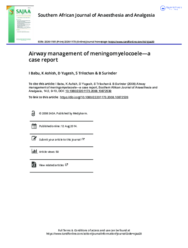 (PDF) Airway management of meningomyelocoele—a case report