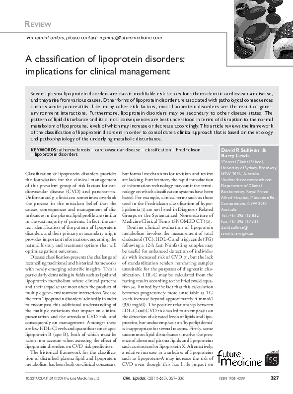 (PDF) A classification of lipoprotein disorders: implications for ...
