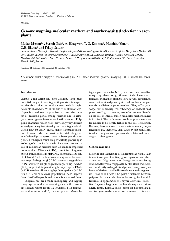 (PDF) Genome mapping, molecular markers and marker-assisted selection in crop plants