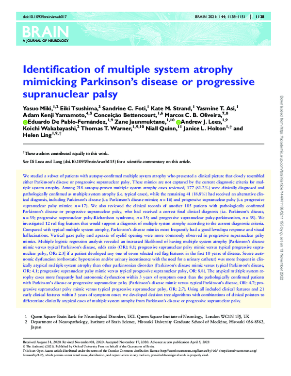(PDF) Identification of multiple system atrophy mimicking Parkinson’s ...