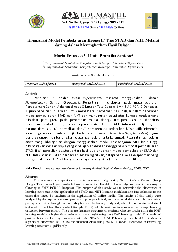 (PDF) Komparasi Model Pembelajaran Koopertif Tipe STAD dan NHT Melalui daring dalam Meningkatkan ...