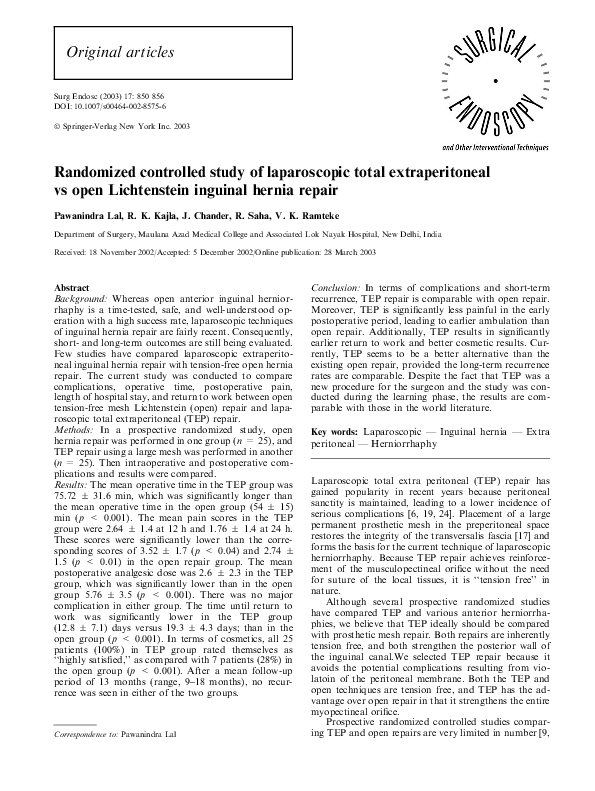 (PDF) Randomized controlled study of laparoscopic total extraperitoneal versus open lichtenstein ...