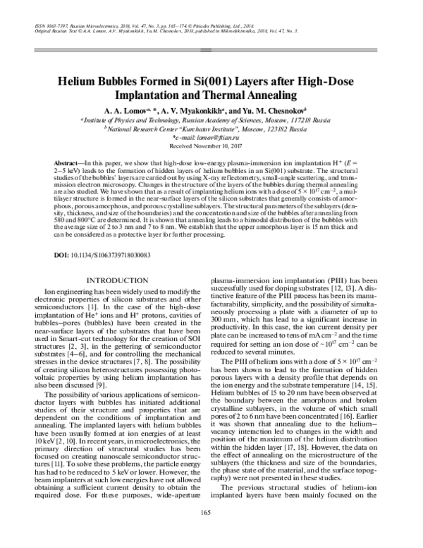 (PDF) Helium Bubbles Formed in Si(001) Layers after High-Dose ...