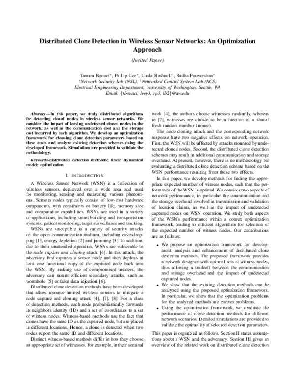 Pdf Distributed Clone Detection In Wireless Sensor Networks An Optimization Approach