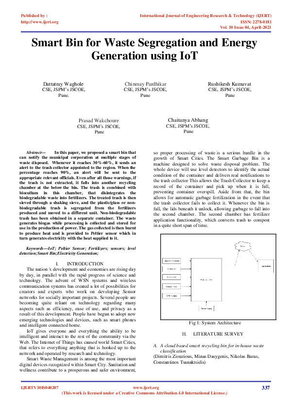 (PDF) Smart Bin for Waste Segregation and Energy Generation using IoT