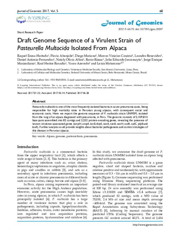 (PDF) Draft Genome Sequence of a Virulent Strain of Pasteurella Multocida Isolated From Alpaca ...