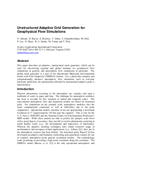 (PDF) Unstructured Adaptive Grid Generation for Geophysical Flow Simulations | Mark Turner ...