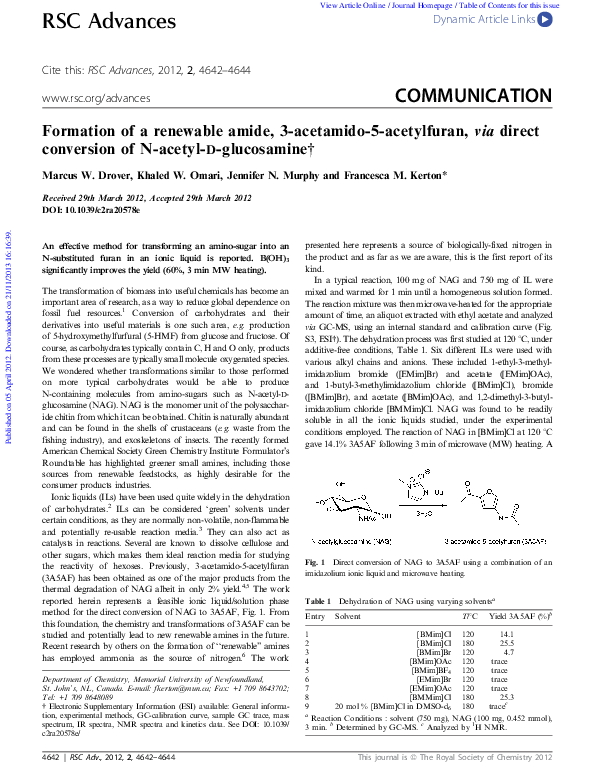 (PDF) Formation of a renewable amide, 3-acetamido-5-acetylfuran, via ...