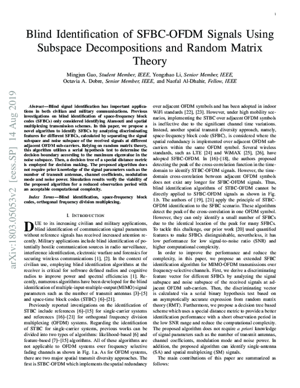 (PDF) Blind Identification of SFBC-OFDM Signals Using Subspace Decompositions and Random Matrix ...
