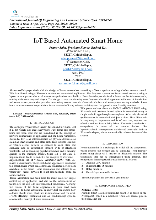 Pdf Iot Based Automated Smart Home