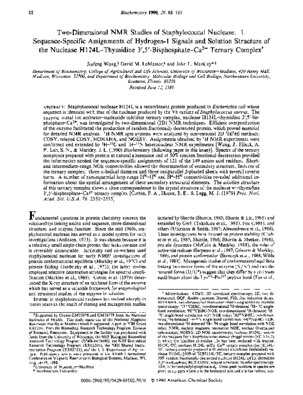 (PDF) Two-dimensional NMR studies of Staphylococcal nuclease. 1 ...