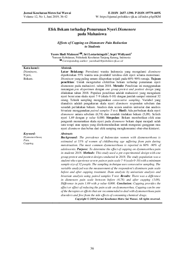 (PDF) Efek Bekam terhadap Penurunan Nyeri Dismenore pada Mahasiswi