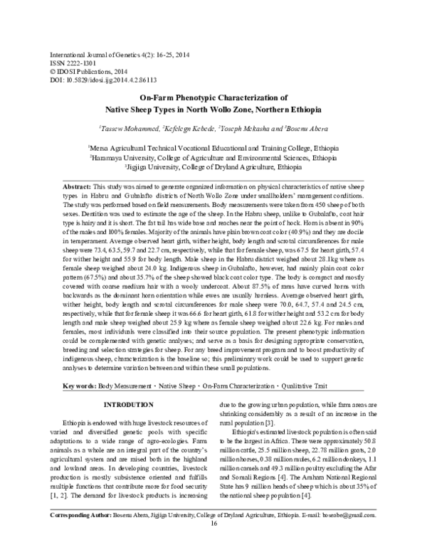 (PDF) On-Farm Phenotypic Characterization of Native Sheep Types in North Wollo Zone, Northern ...