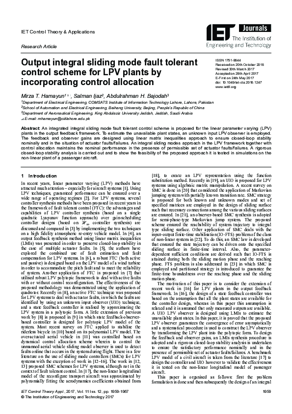 (PDF) Output integral sliding mode fault tolerant control scheme for ... (PDF) Output integral sliding mode fault tolerant control scheme for ...