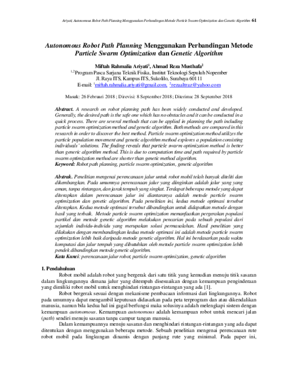 (PDF) Autonomous Robot Path Planning Menggunakan Perbandingan Metode Particle Swarm Optimization ...