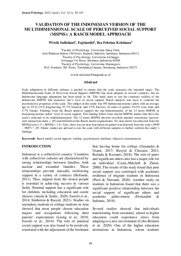 (PDF) Validation of the Indonesian Version of the Multidimensional Scale of Perceived Social ...