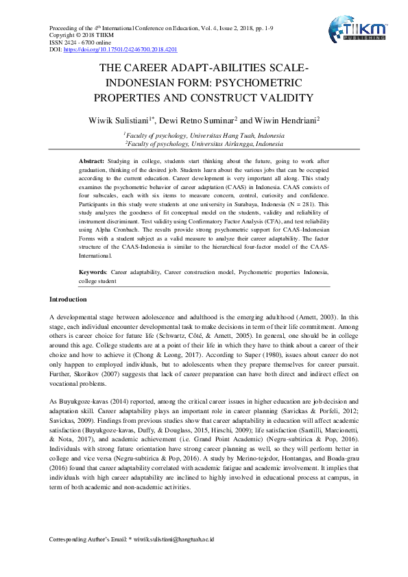 (PDF) The Career Adapt-Abilities Scale-Indonesian Form: Psychometric ...