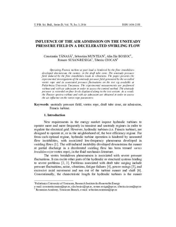 Pdf Influence Of The Air Admission On The Unsteady Pressure Field In A Decelerated Swirling Flow