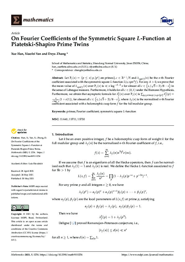 (PDF) On Fourier Coefficients of the Symmetric Square L-Function at Piatetski-Shapiro Prime Twins