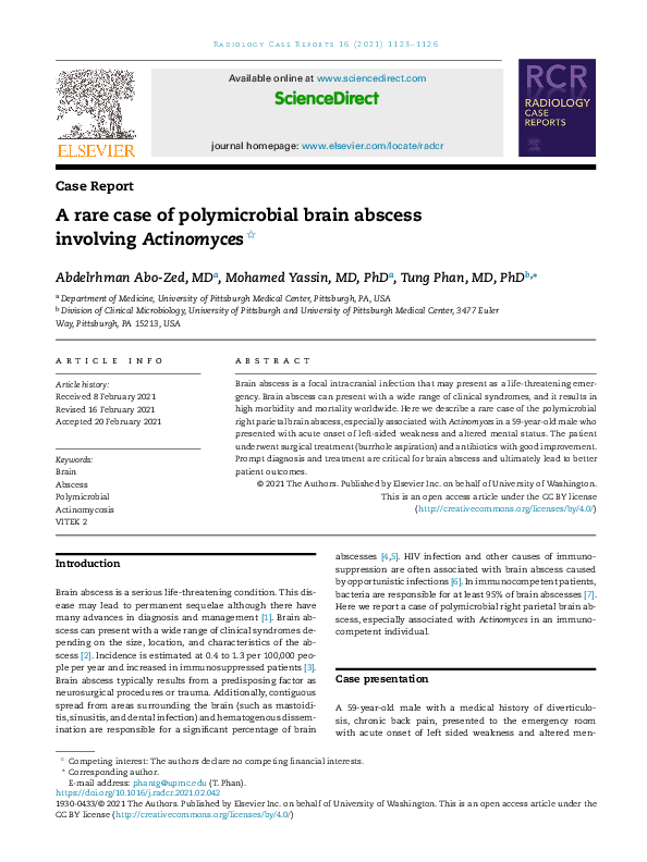 (PDF) A rare case of polymicrobial brain abscess involving Actinomyces